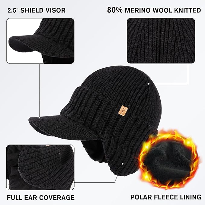 DryKnit™ Waterproof Merino Wool Beanie with Ear Flaps – Fleece Lined W ...
